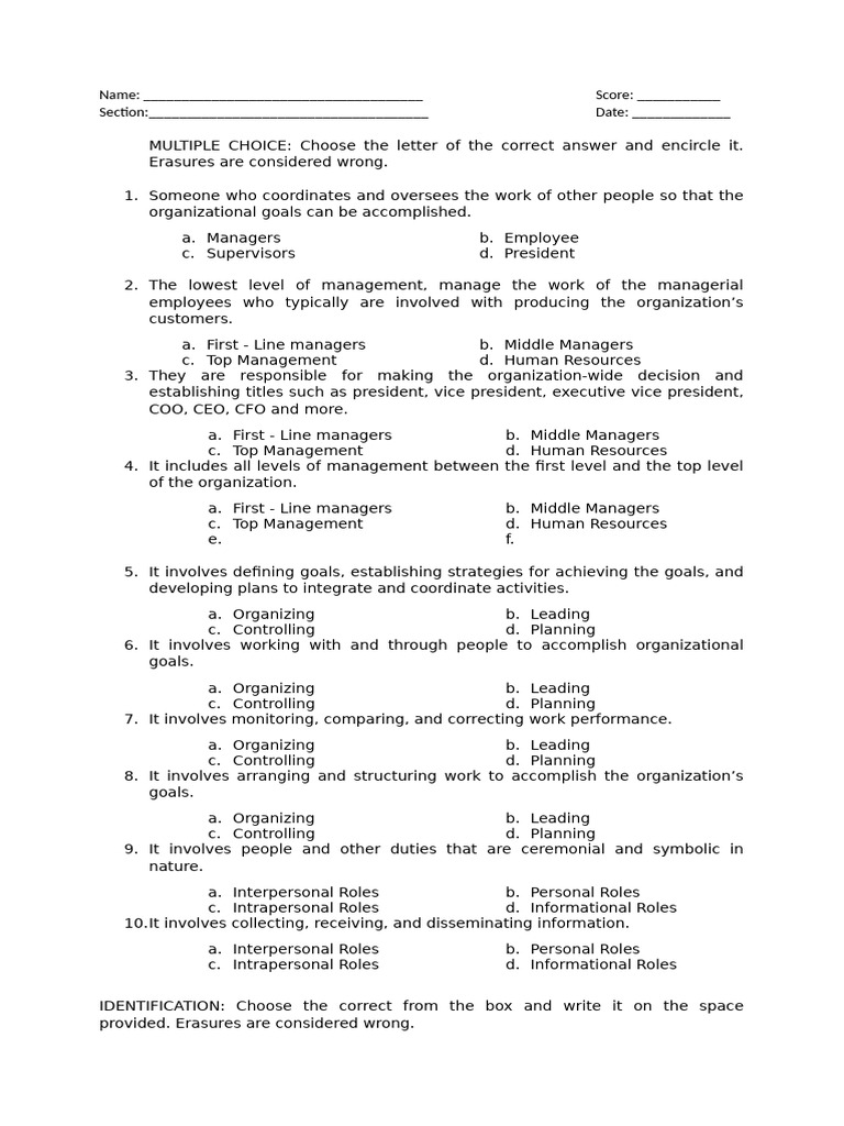 Prelim Examination - Principles of Management | PDF