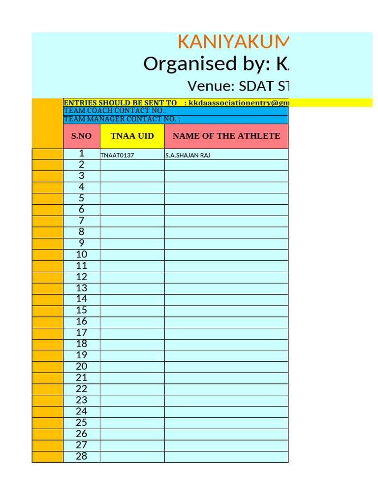 Kaniyakumari District Meet 2024 Entry Form | PDF