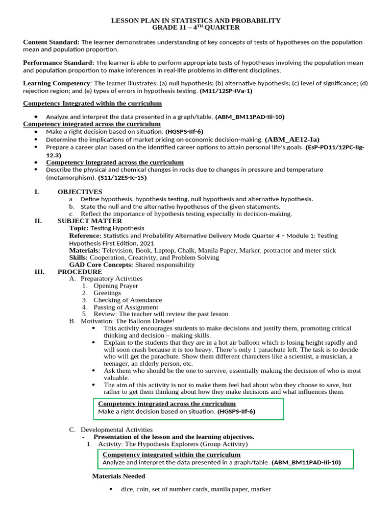 Lesson Plan in Statistics and Probability | PDF
