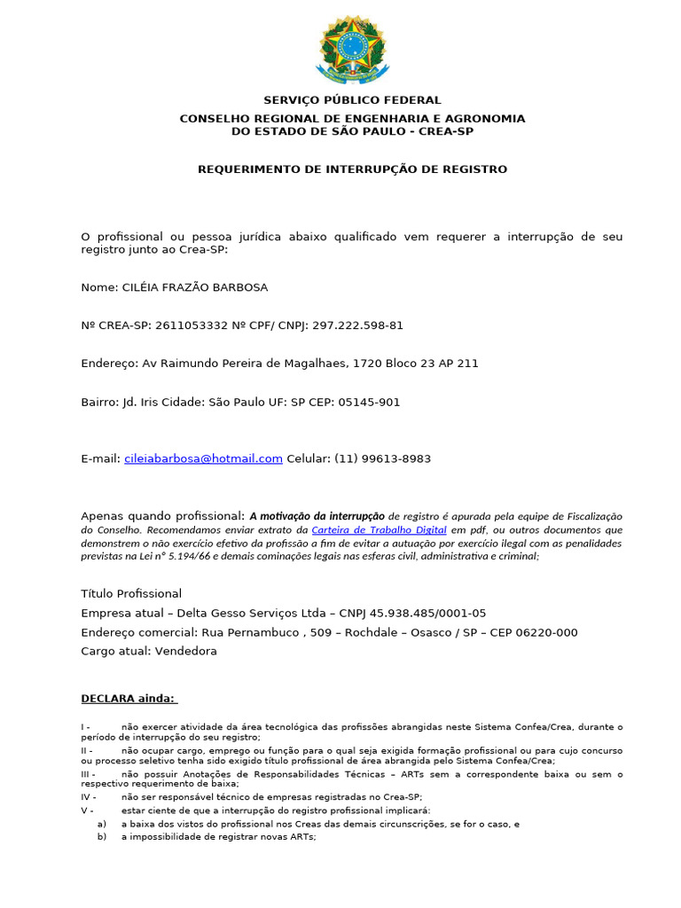 Requerimento de Interrupcao 1 | PDF Requerimento de Interrupcao 1 | PDF