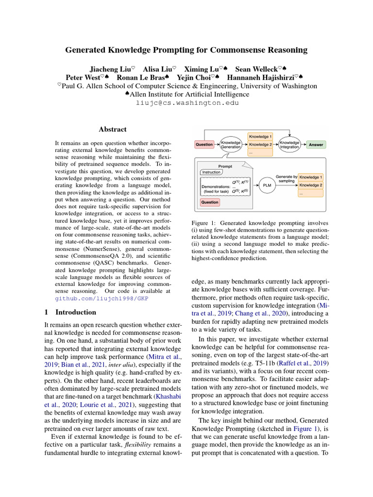Generated Knowledge Prompting For Commonsese Reasoning | PDF