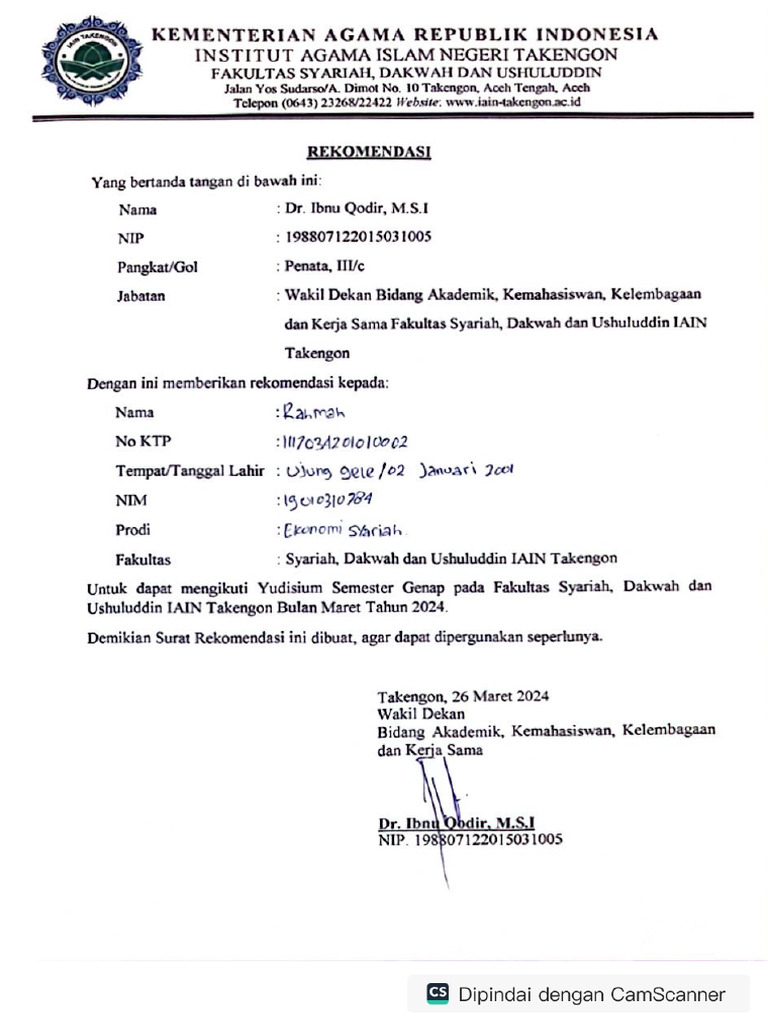 Surat Rekom Yudisium 2024 Rahmah | PDF