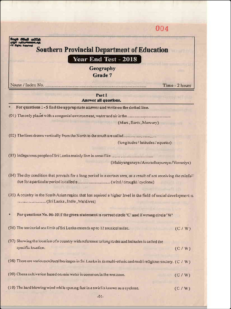 Southern Province Grade 7 Geography 2018 3 Term Test Paper ...