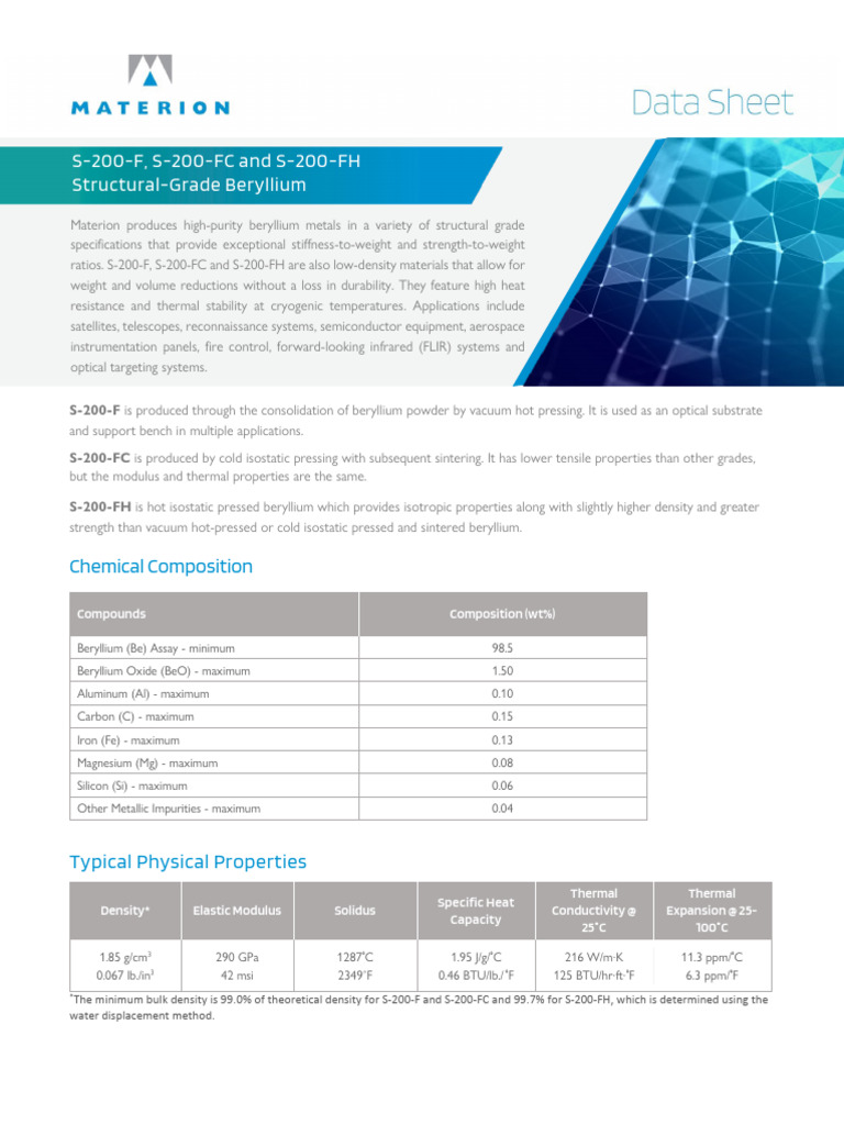 S 200 F, S 200 FC and S 200 FH Beryllium Data Sheet | PDF