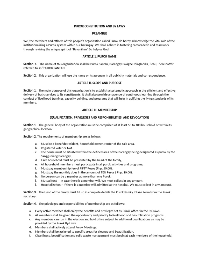 Purok Constitution and by Laws | PDF | Justice | Politics