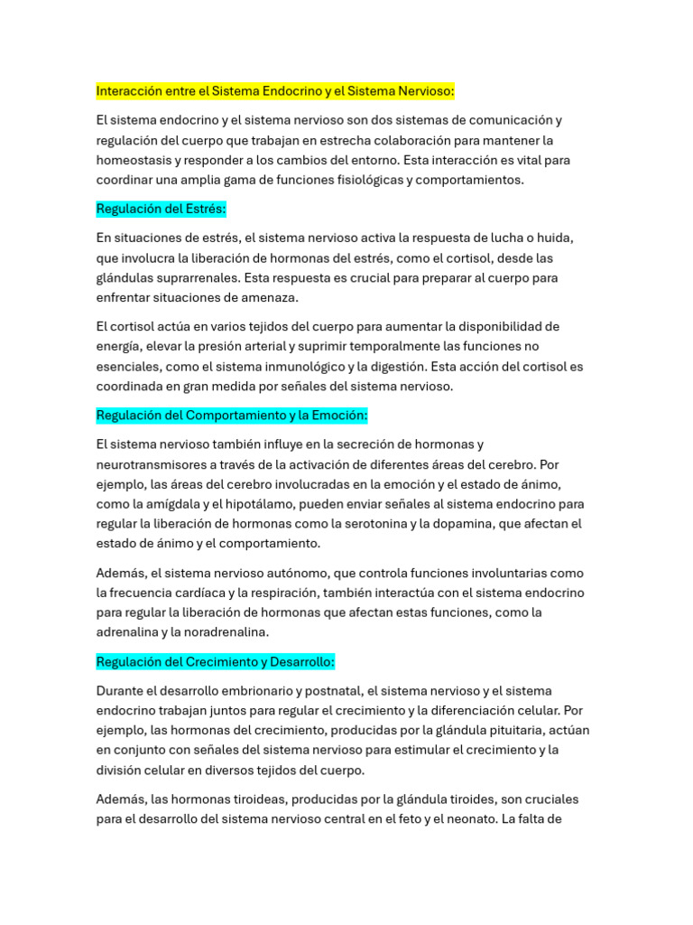 Interacción Entre El Sistema Endocrino y El Sistema Nervioso | PDF
