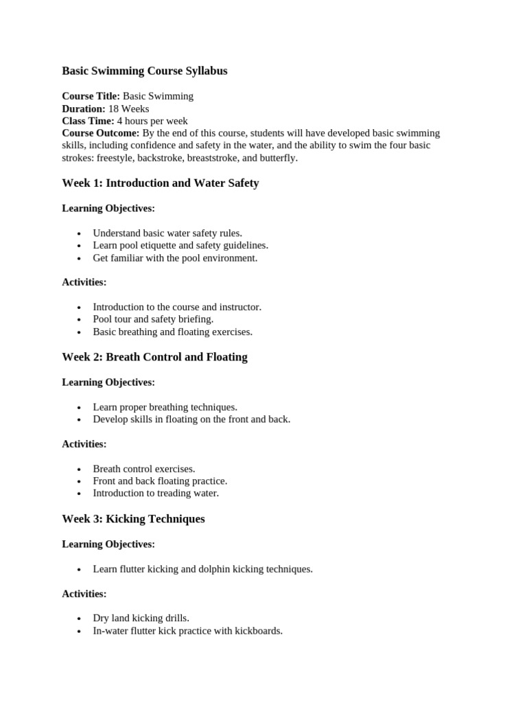 Basic Swimming Course Syllabus | PDF