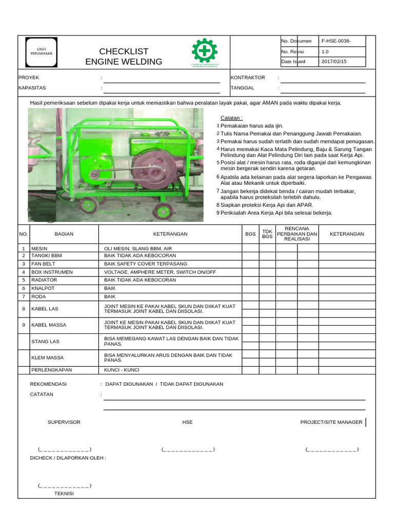 Form Checklist Inspeksi Engine Welding | PDF
