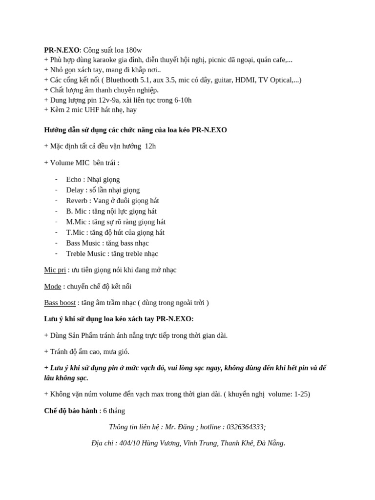 Pr-N.Exo: Hướng dẫn sử dụng các chức năng của loa kéo PR-N.EXO | PDF