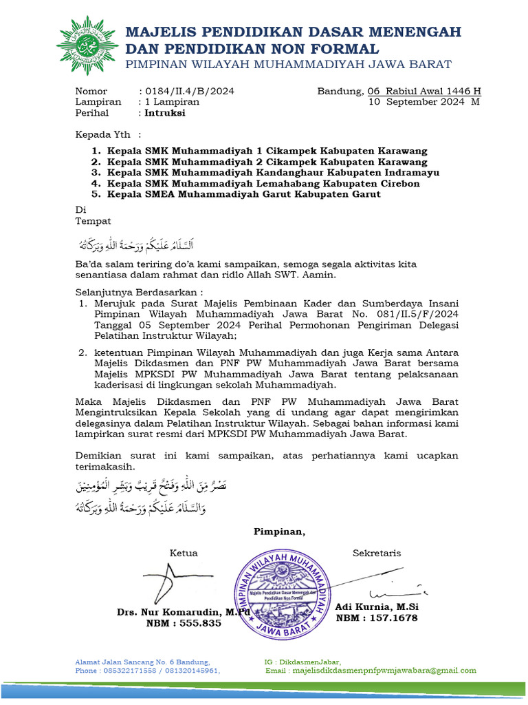 0184 - Surat Instruksi Pelatihan Instruktur | PDF
