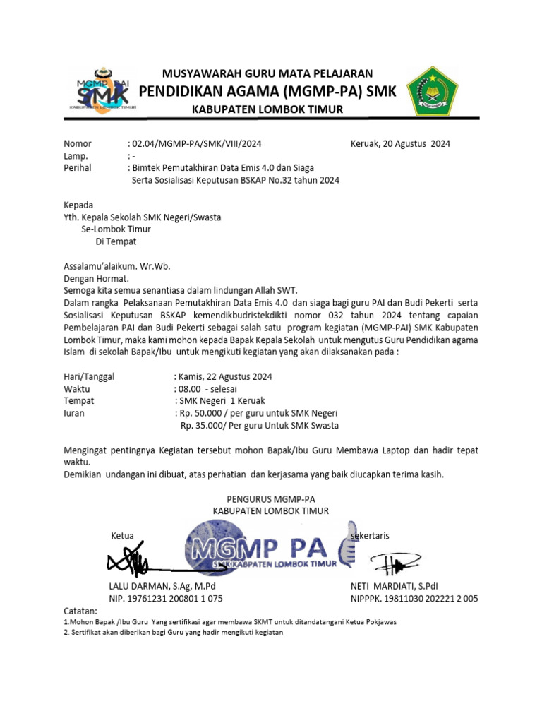 Undangan MGMP Pai 2024 | PDF