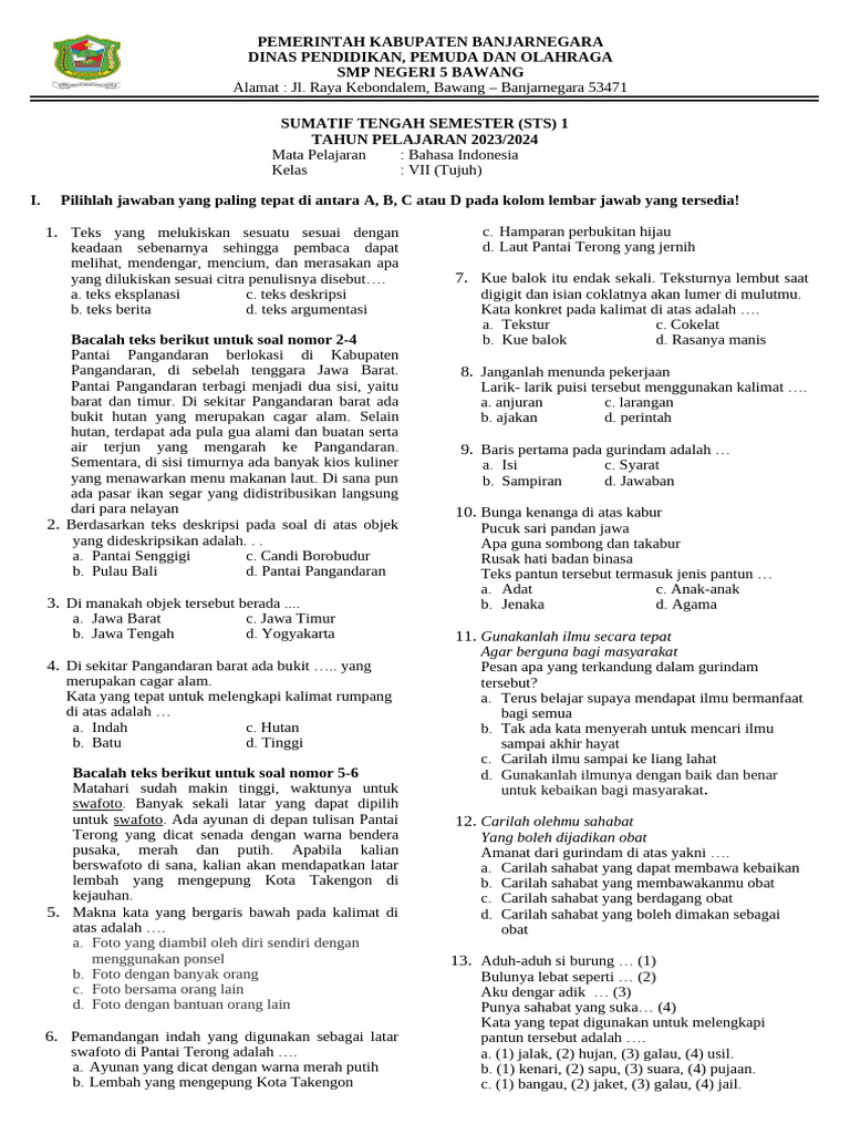 Soal STS 1 Kls 7 2023-2024 | PDF