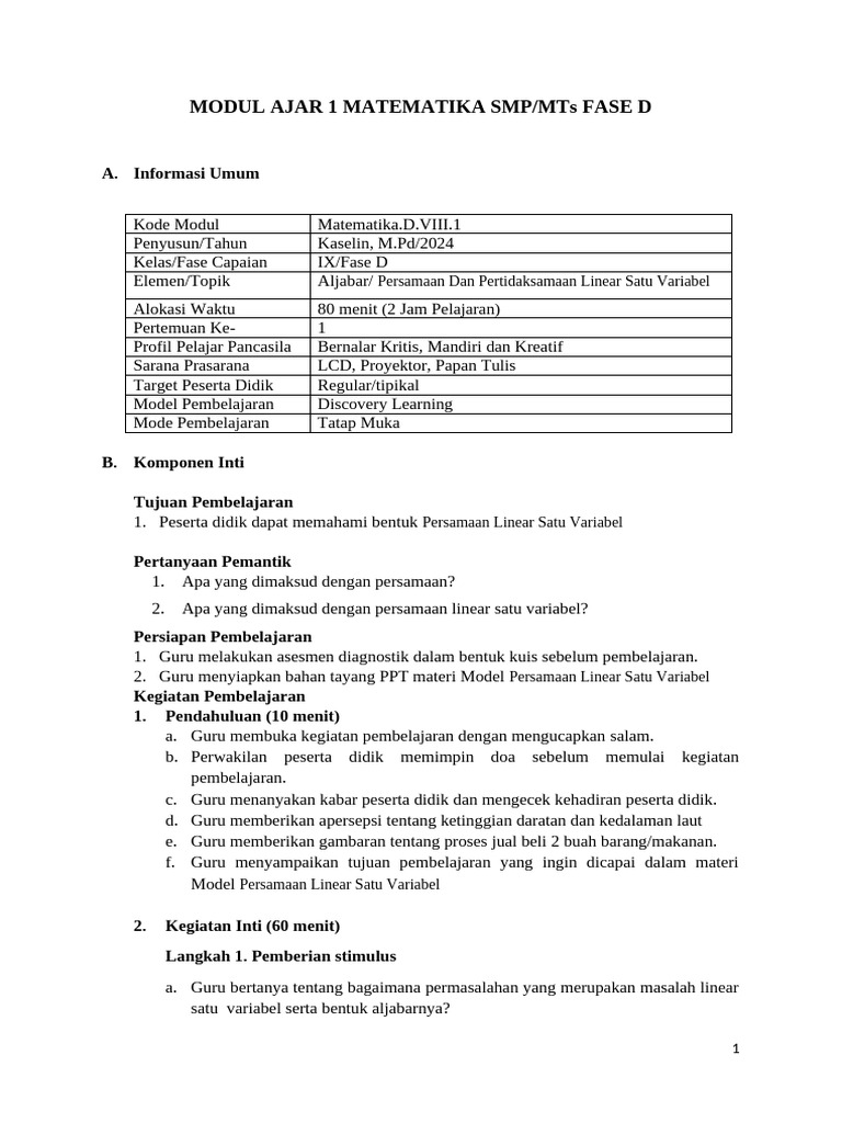 Modul Ajar Mat Kelas 8 Bab 4 SPLLSV | PDF
