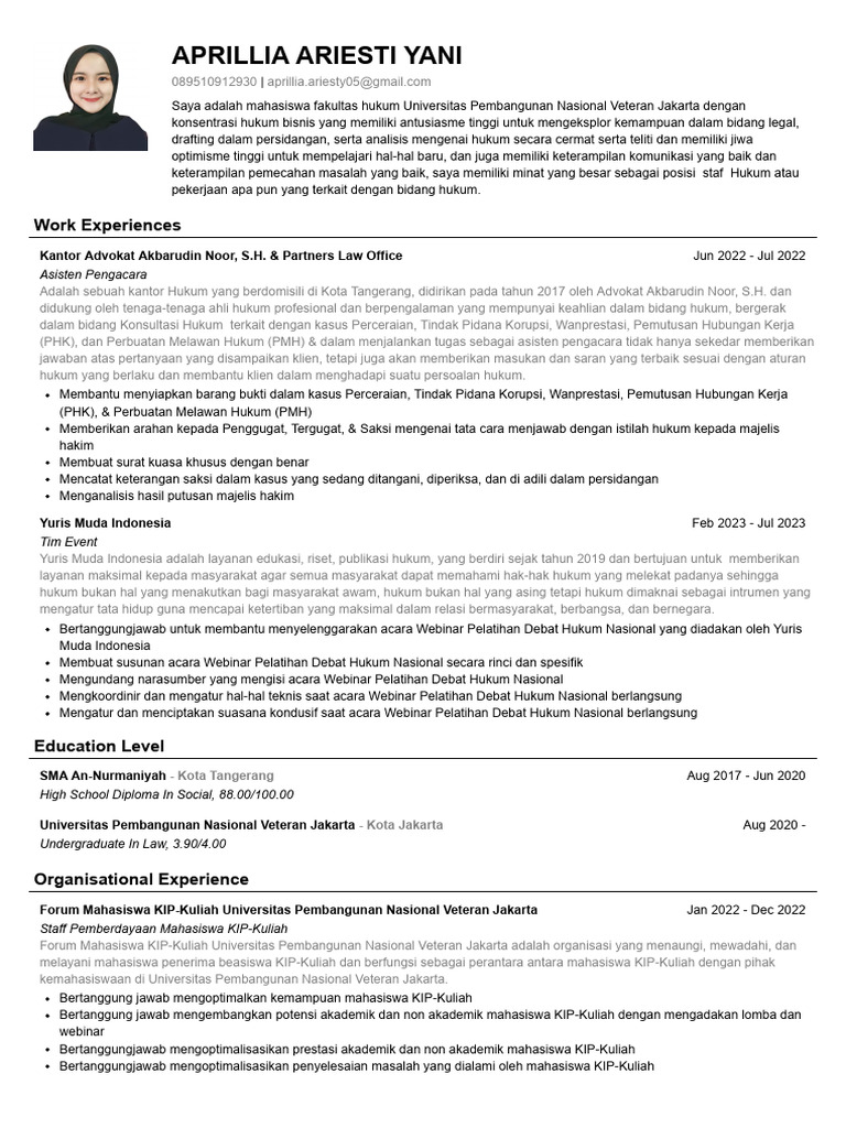 Aprillia Ariesti Yani - Curriculum Vitae (CV) - Universitas Pembangunan Nasional Veteran Jakarta ...
