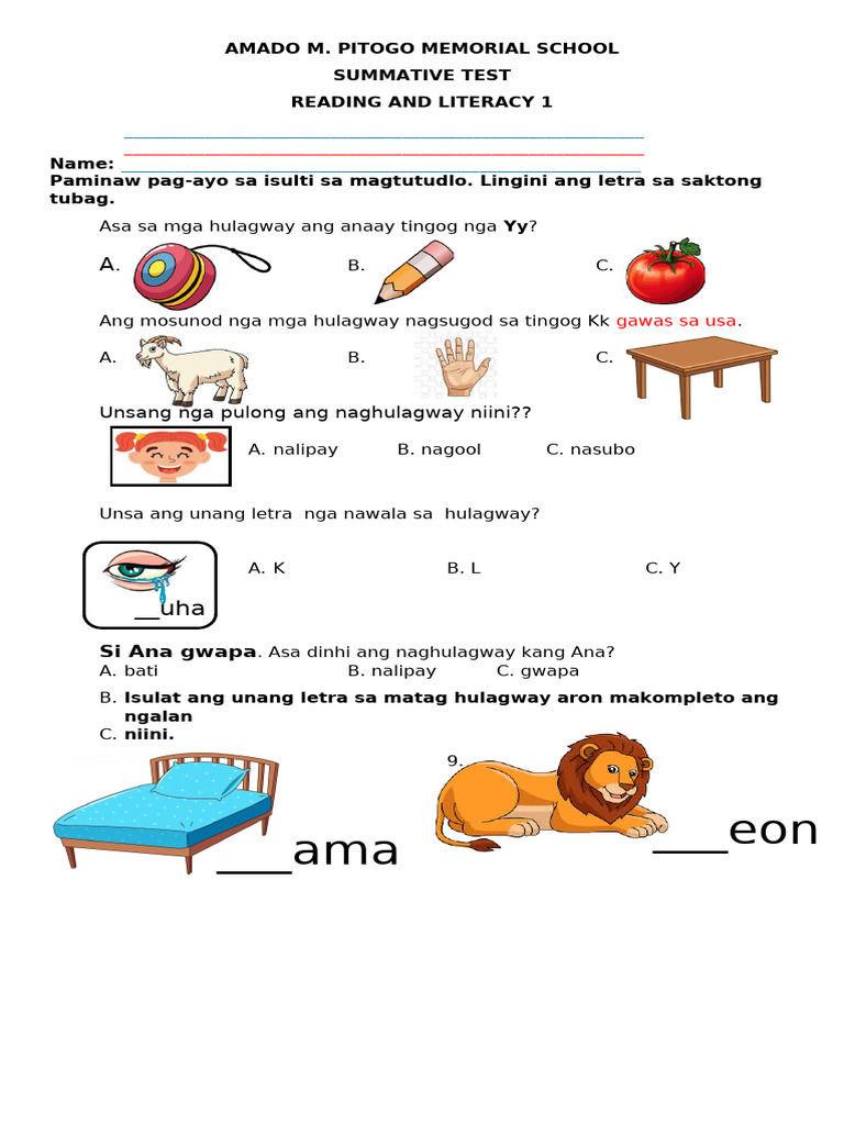 READING & LITERACY Q1-Summative Test | PDF