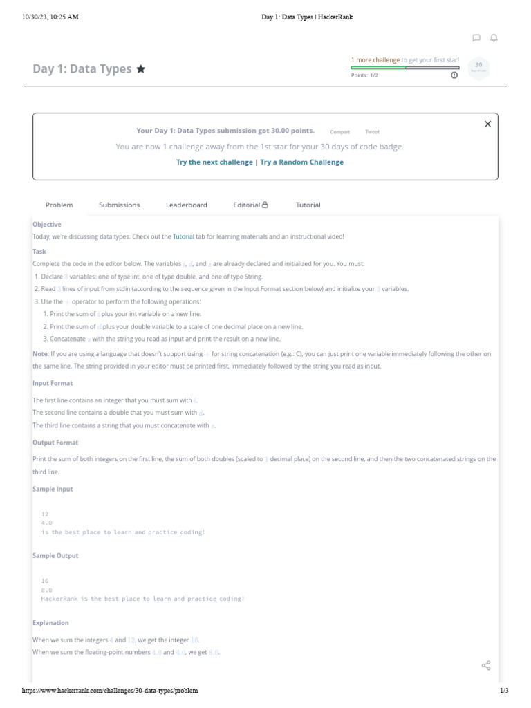Day 1 - Data Types - HackerRank | PDF | Integer (Computer Science) | String (Computer Science)