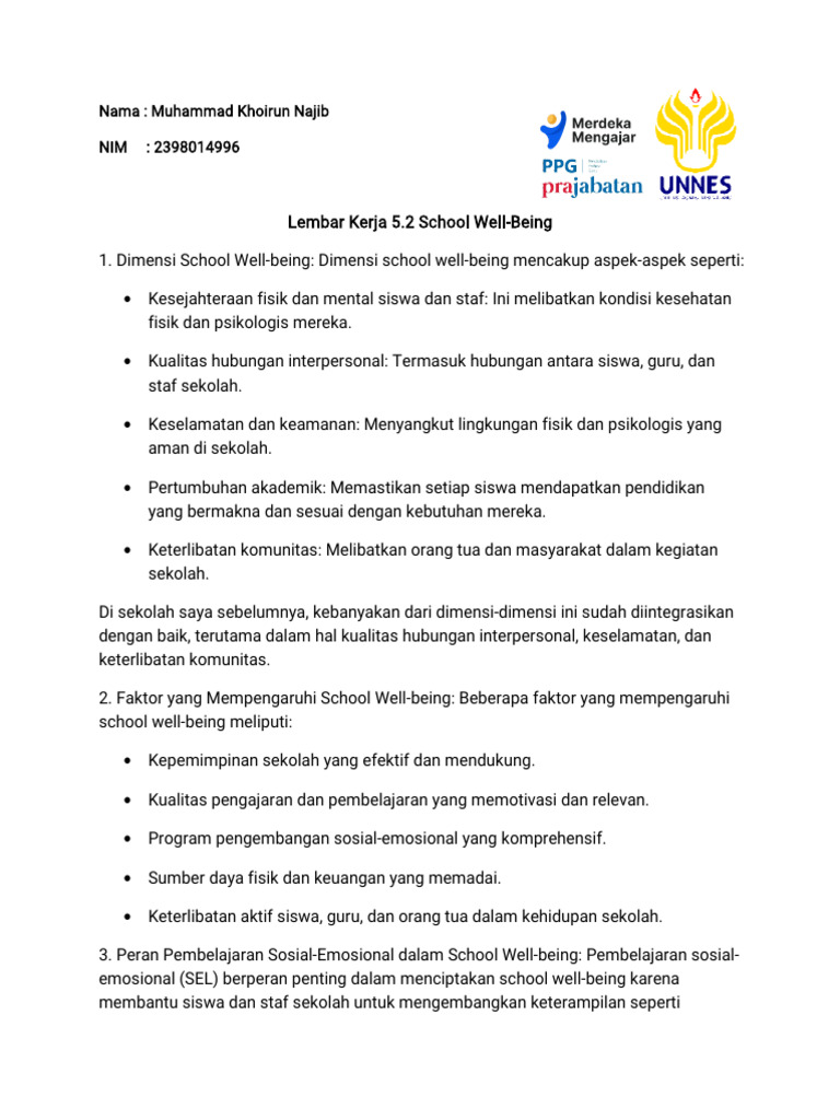 Lembar Kerja 5.2 School Well-Being - Muhammad Khoirun Najib | PDF