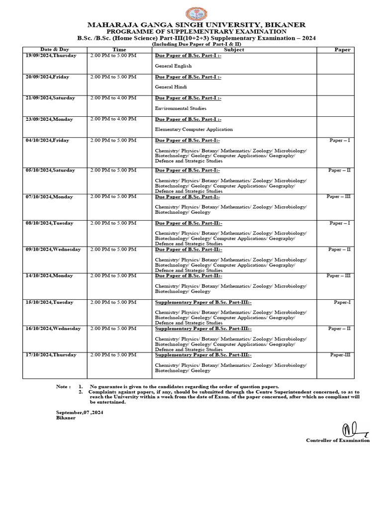 Bachelor of Science and Home Science Supp Exam 2024 | PDF