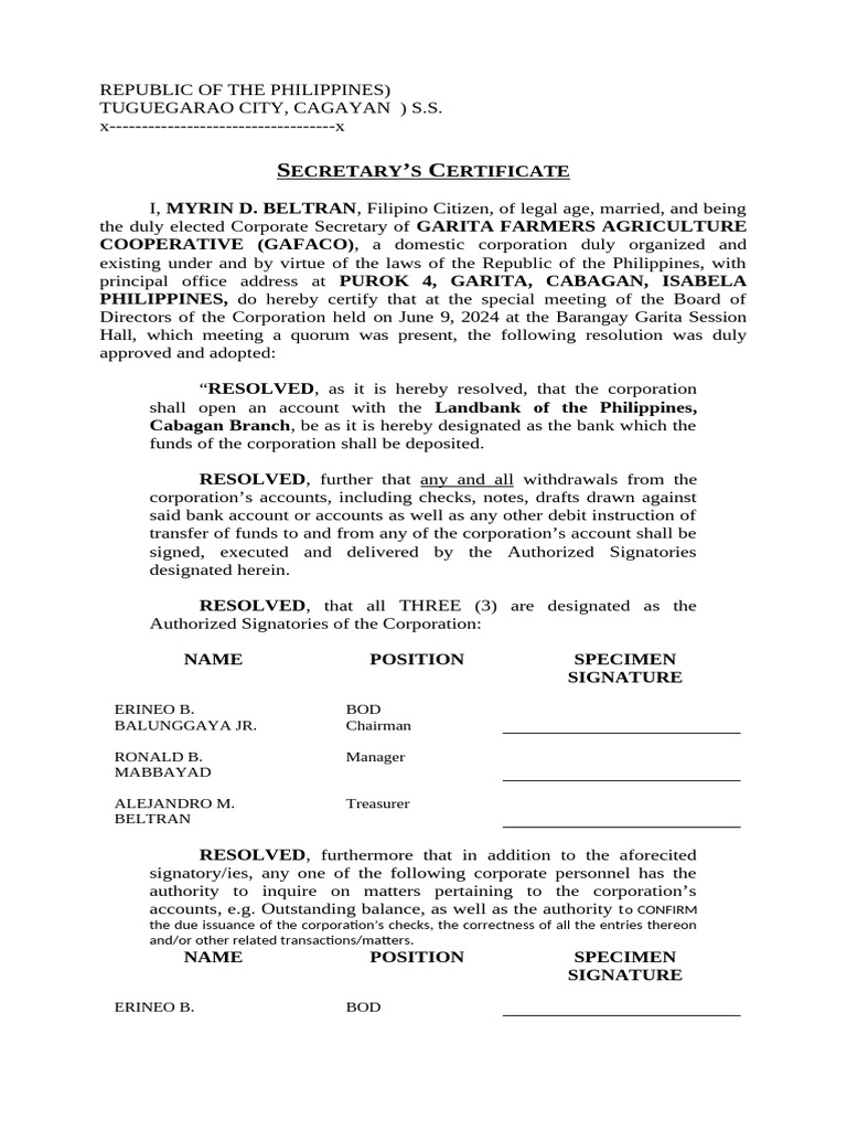 Secretary Certificate Opening Bank Account | PDF