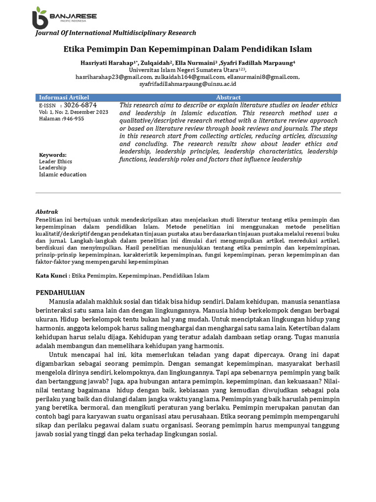 Etika Pemimpin Dan Kepemimpinan Dalam Pendidikan Islam: of International Multidisciplinary ...