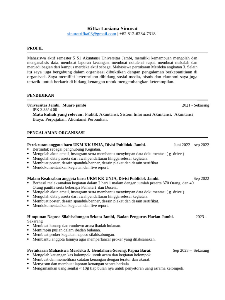 CV Rifka Lusiana Sinurat MSIB | PDF