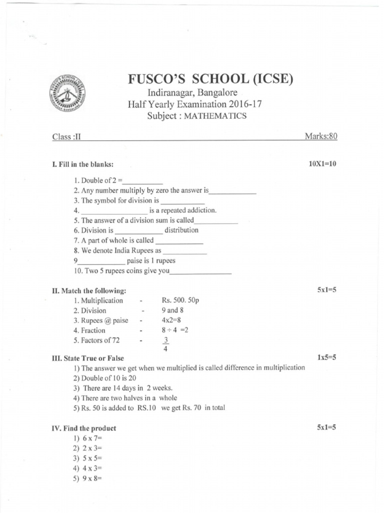 ICSE Class 2 Maths Half Yearly Model Exam | PDF