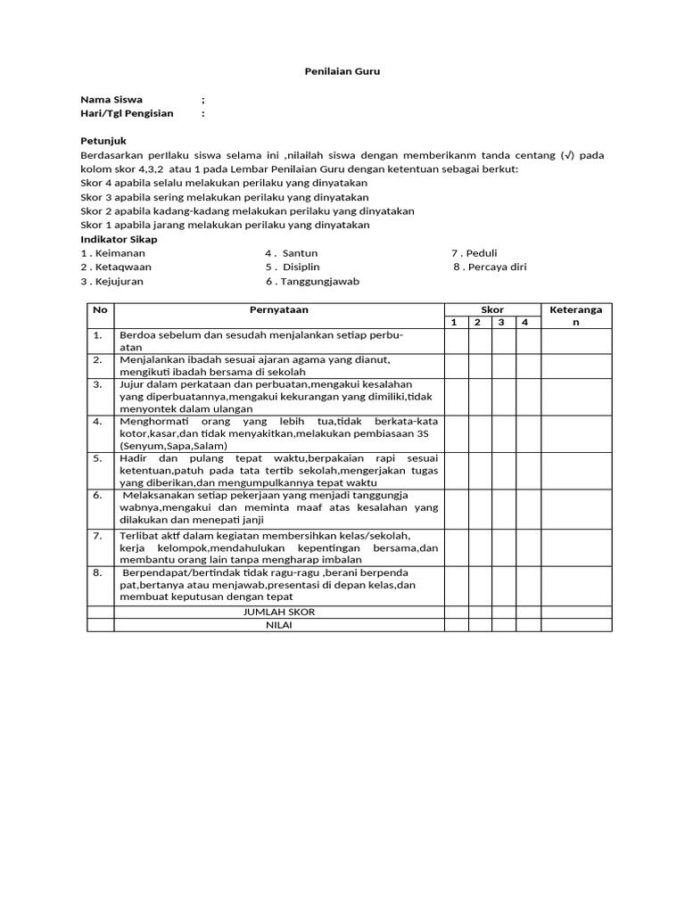 Format Penilaian Sikap Guru | PDF