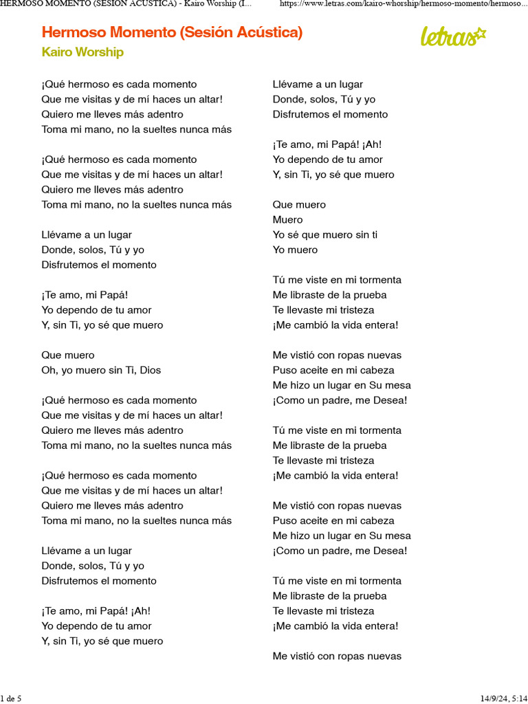 HERMOSO MOMENTO (SESIÓN ACÚSTICA) - Kairo Worship (Impresión) | PDF