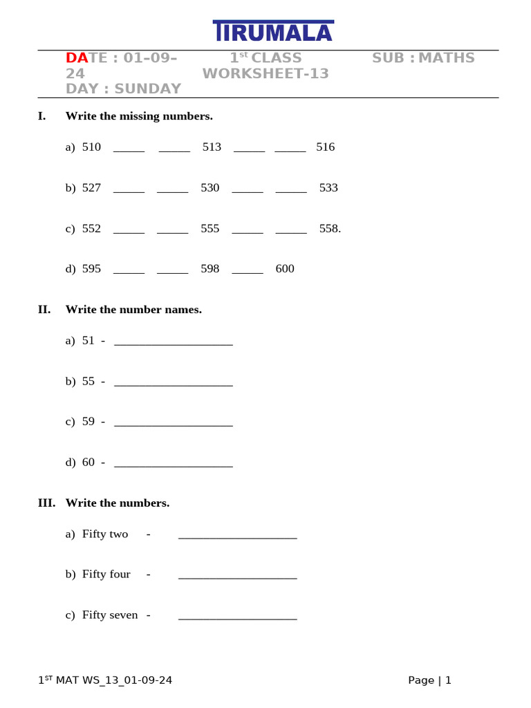 1ST Class - Maths WS-13 - 01-09-24 - KGD | PDF