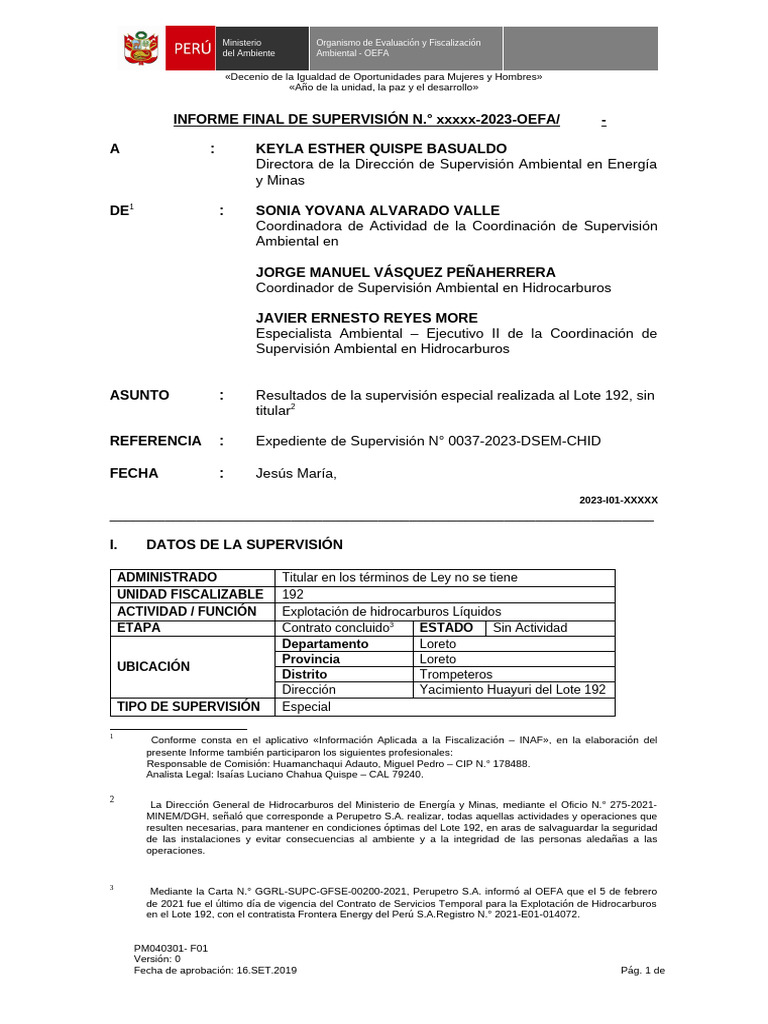 Proyecto de Informe Final de Supervision - Exp. 037-2023 - RVF | PDF