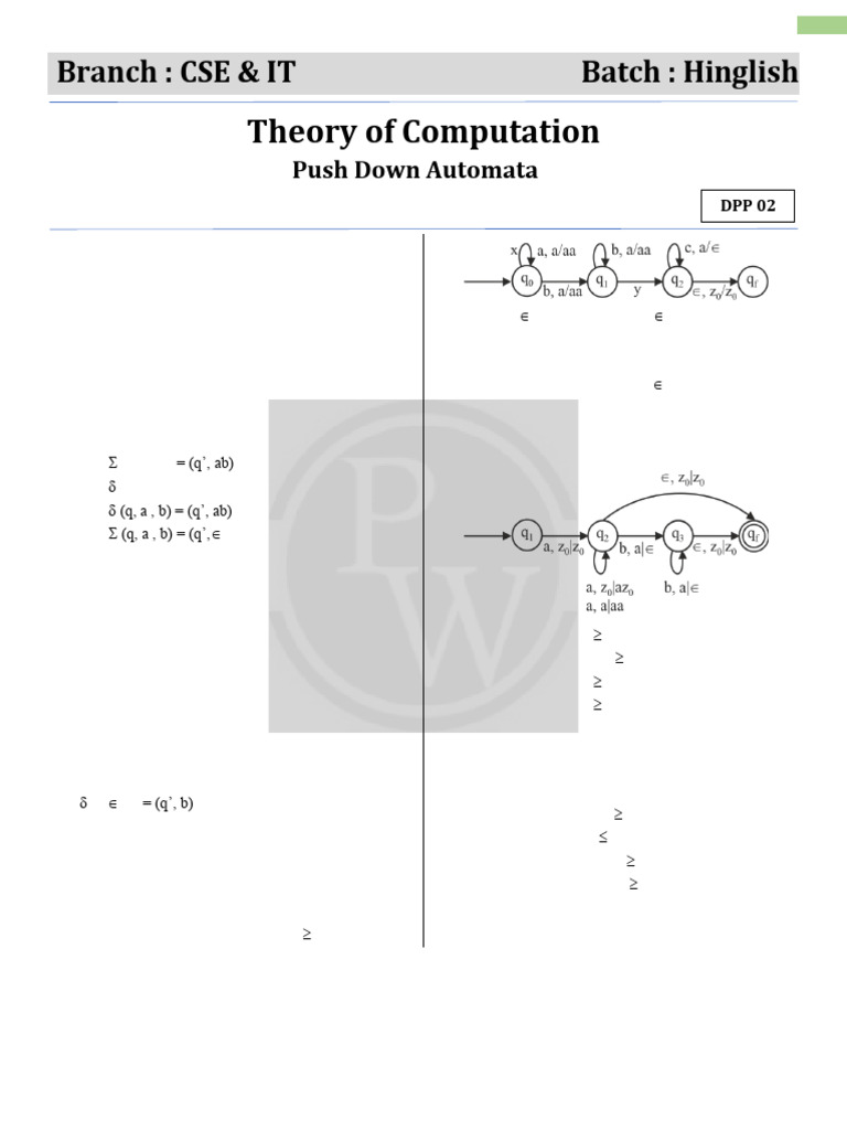 Push Down Automata - DPP 02 (Of Lec 03) (Theory of Computation) | PDF