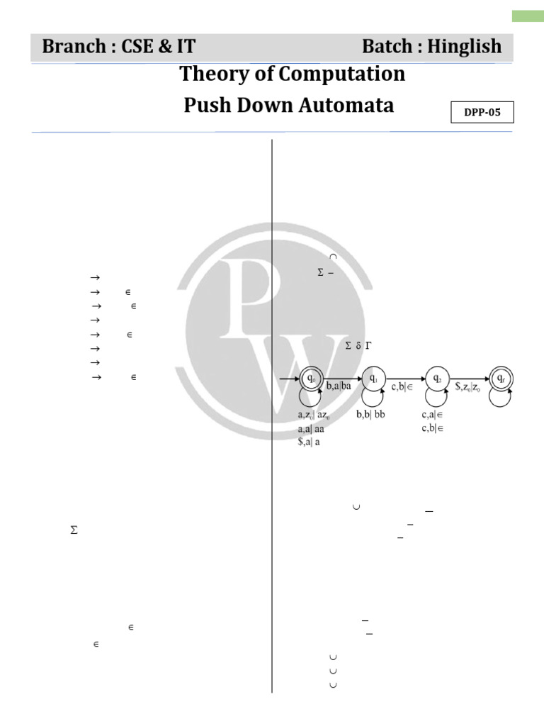 Push Down Automata - DPP 05 (Of Lec 07) (Theory of Computation) | PDF