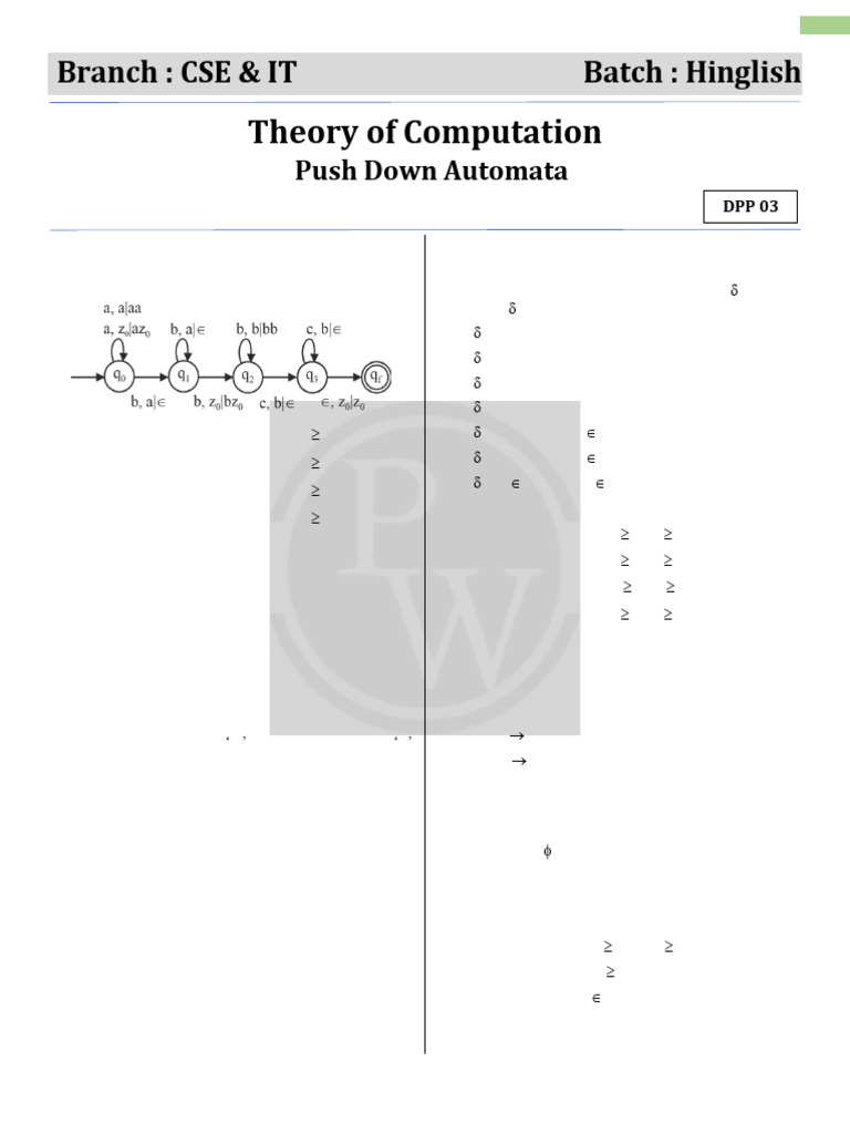 Push Down Automata - DPP 03 (Of Lec 04) (Theory of Computation) | PDF