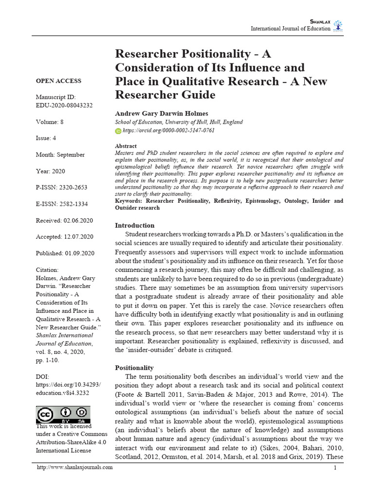 Researcher Positionality - A Consideration of Its Influence and Place ...