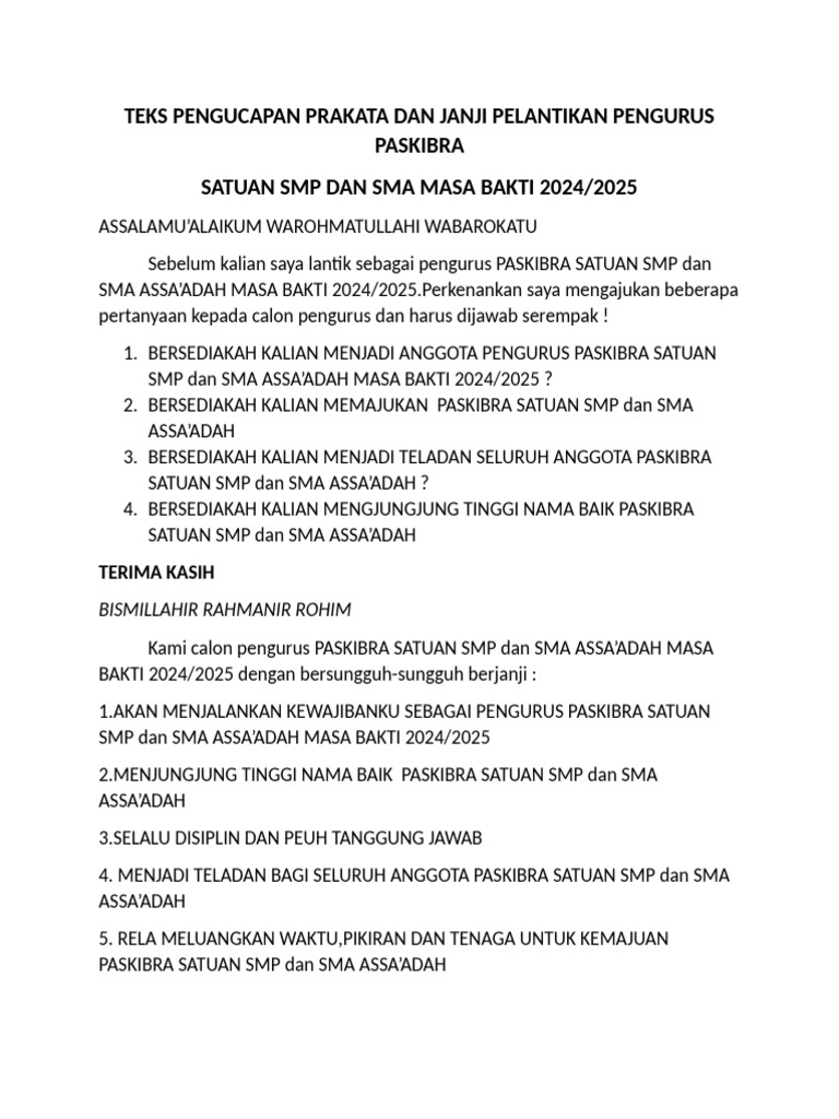 TEKS PENGUCAPAN PRAKATA DAN JANJI PELANTIKAN PENGURUS PASKIBRA | PDF