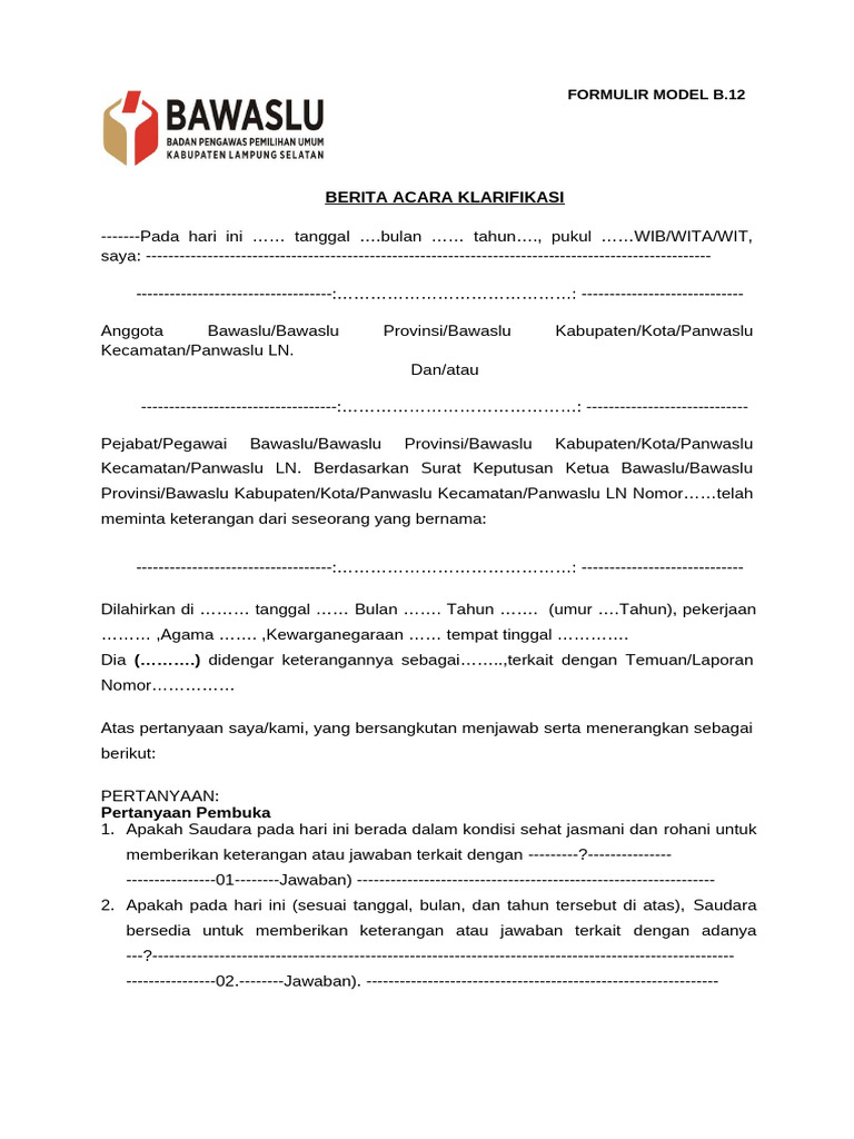 Formulir Model B. 12 (Ba Klarifikasi) | PDF