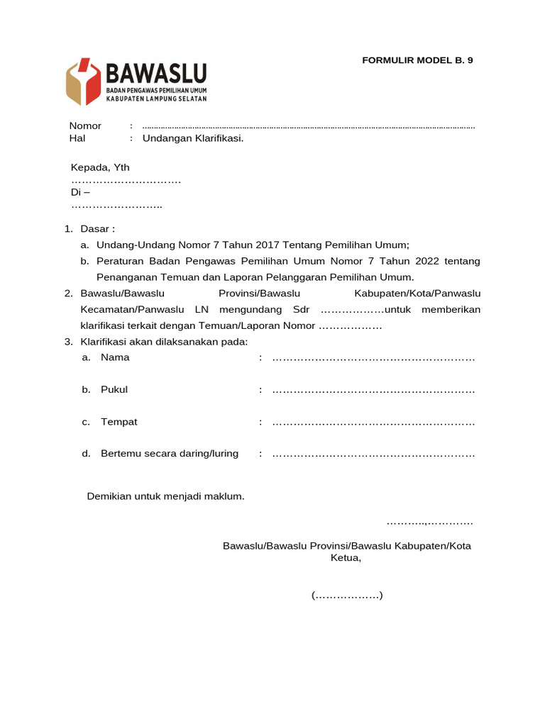 Formulir Model B. 9 (Undangan Klarifikasi) | PDF