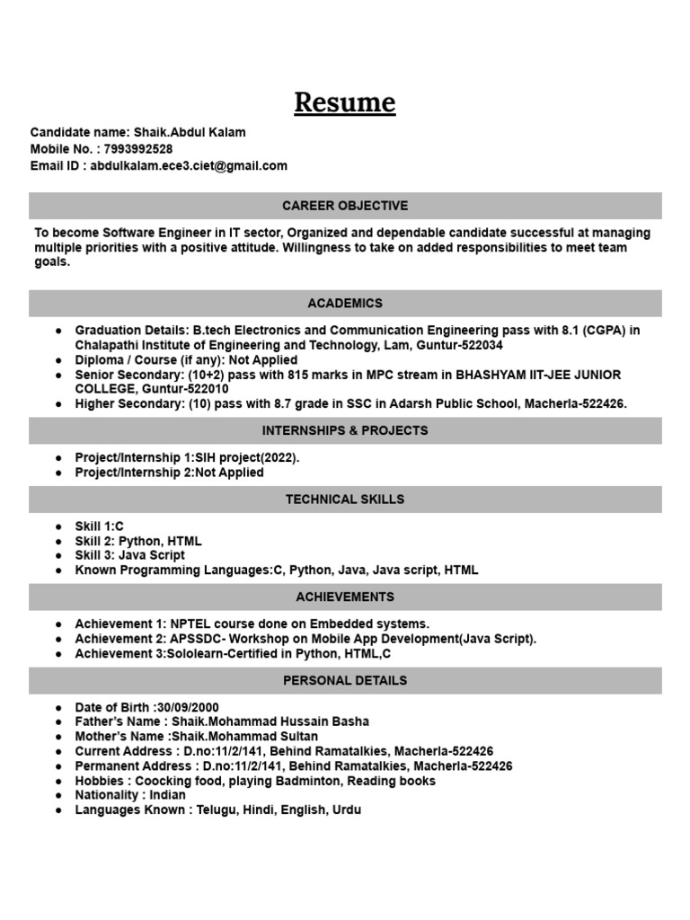 DXC Resume Format | PDF