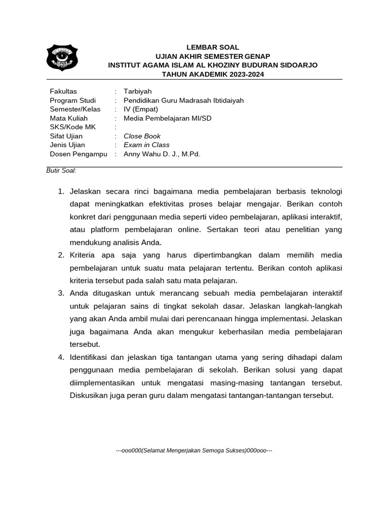 Soal Uas Media Pembelajaran 2024 | PDF
