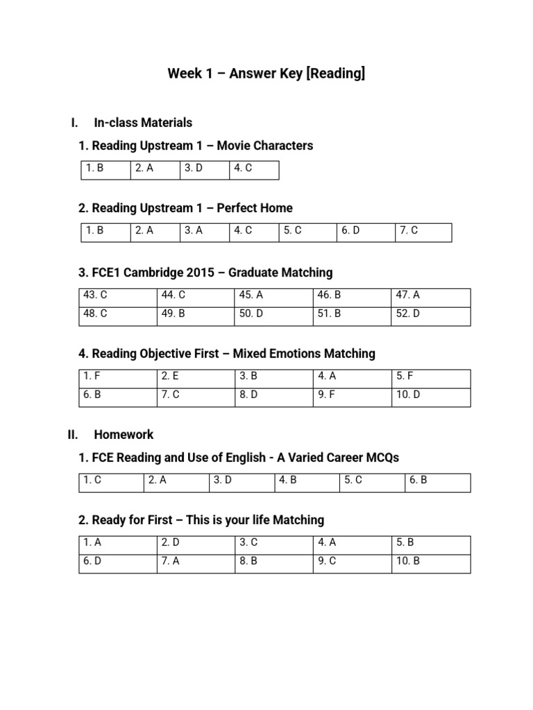 Week 1 - Answer Key (Reading) | PDF
