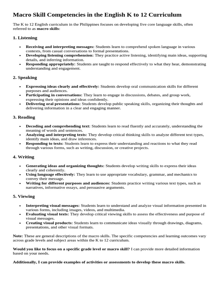 Macro Skill Competencies in The English K To 12 Curriculum | PDF ...