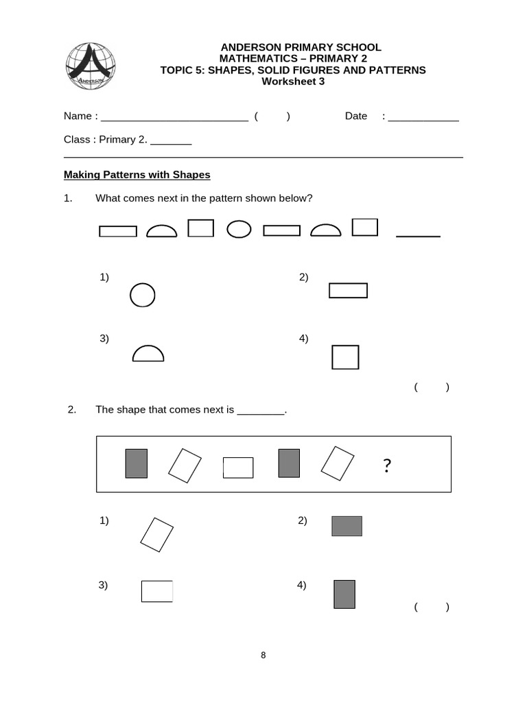 Shapes, Solid Figures and Patterns Worksheet 3 | PDF