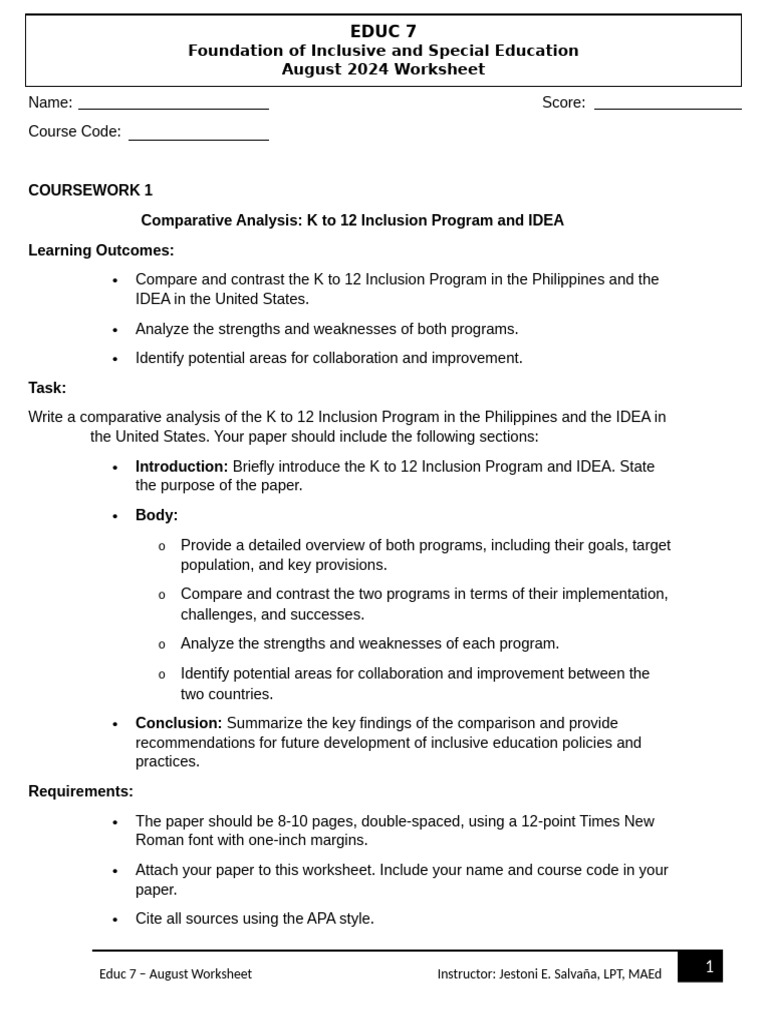 Educ 7 ProfEd August Worksheet | PDF | Apa Style | Art