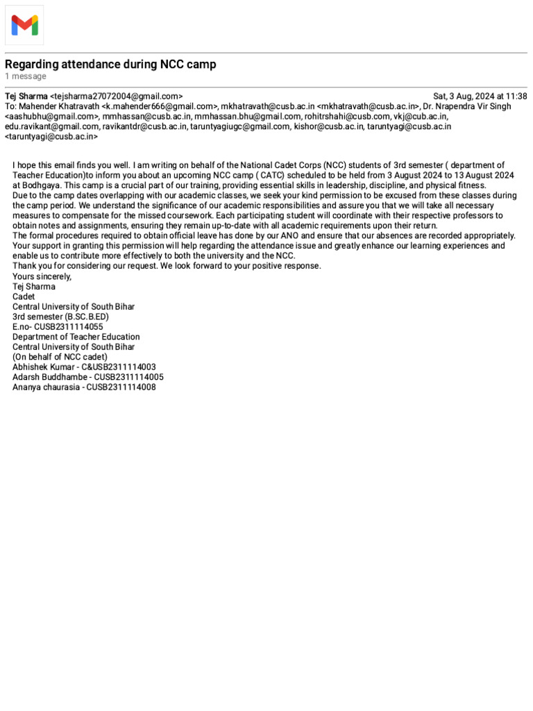 NCC Camp Application | PDF | Sports & Recreation