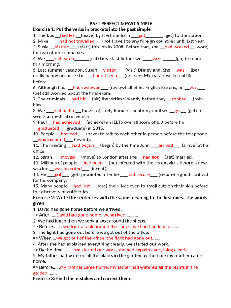 PAST PERFECT PAST SIMPLE _ EXERCISES | PDF