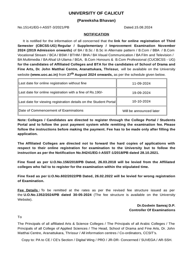 Notification - Iii - Ug - CBCSS November 2024 | PDF | Business | Science & Mathematics