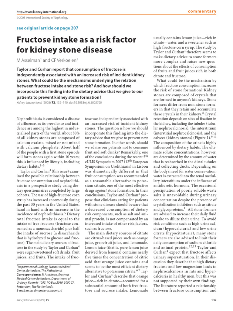 Fructose Intake As A Risk Factor For Kidney Stone Di - 2008 - Kidney ...