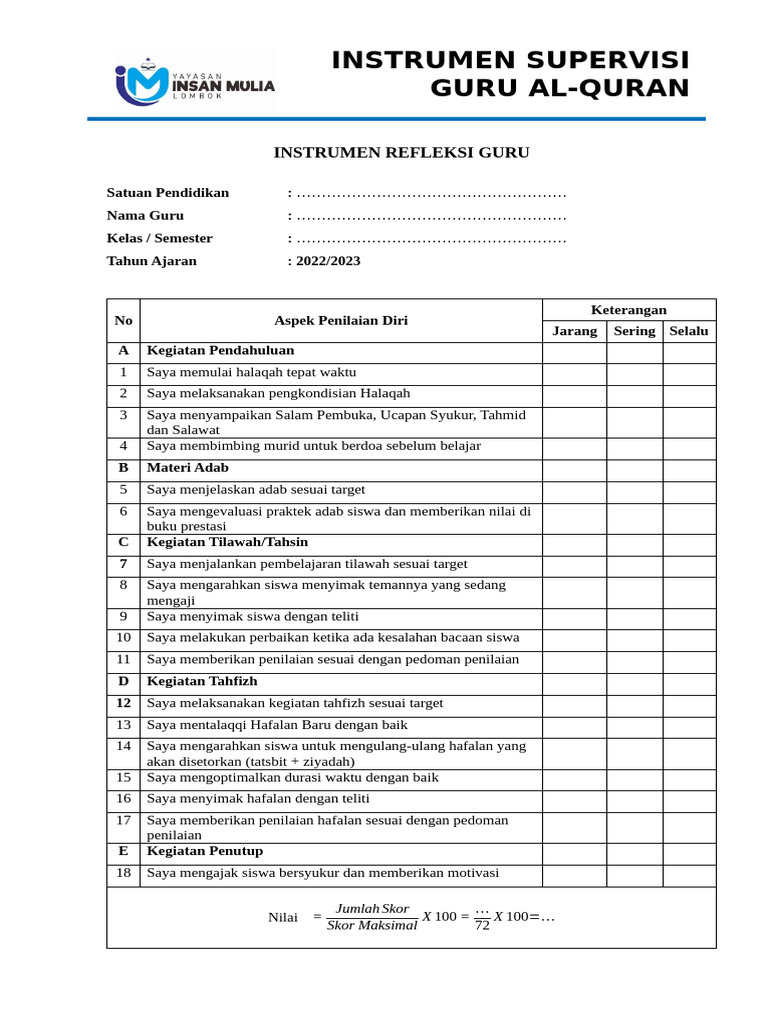 FORM SUPERVISI (1) PEMBELAJARAN AL-QURAN Refleksi Guru | PDF