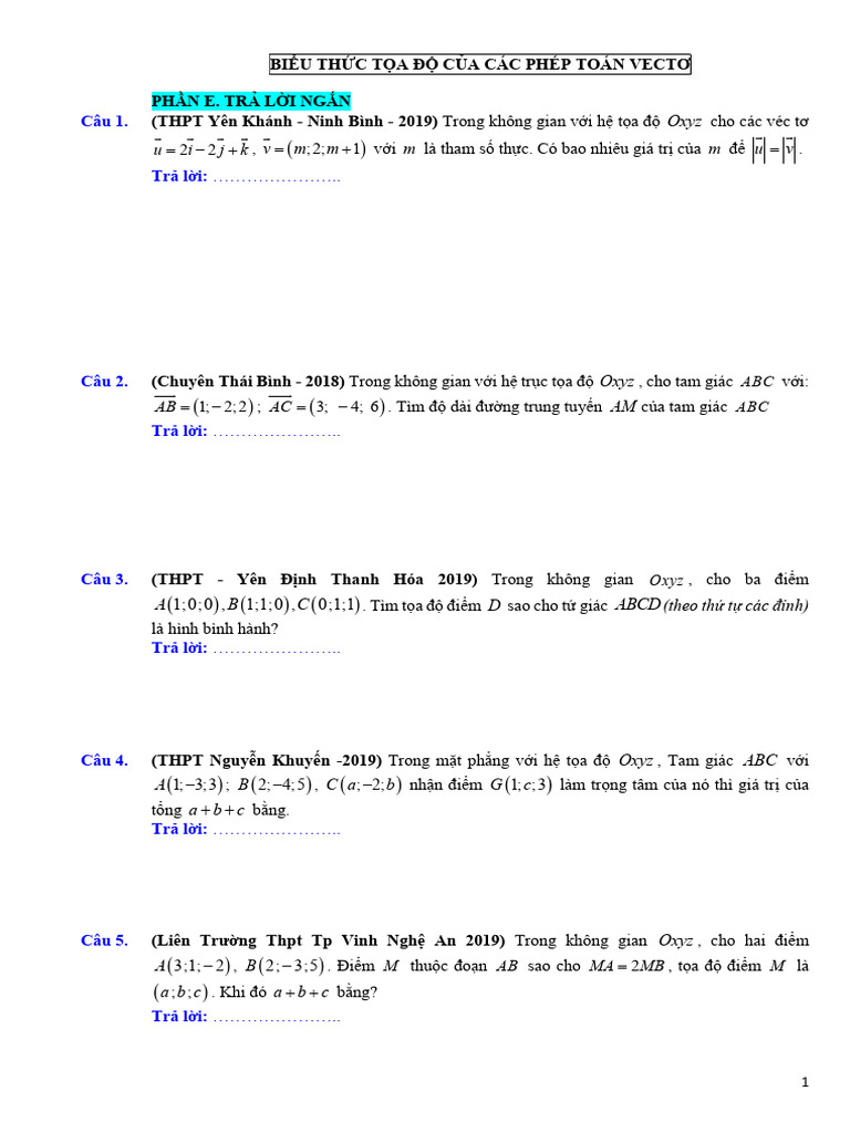 BIỂU THỨC TỌA ĐỘ CỦA CÁC PHÉP TOÁN VECTƠ TRA LOI NGAN CAUHOI | PDF