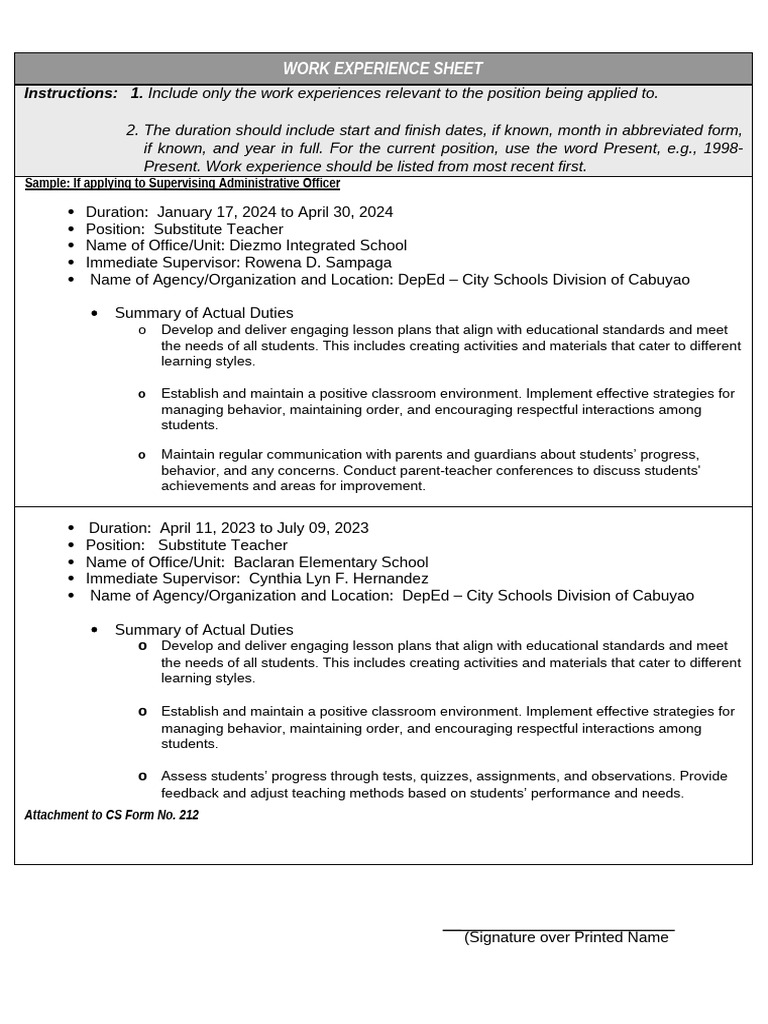 CS Form No. 212 Attachment - Work Experience Sheet | PDF